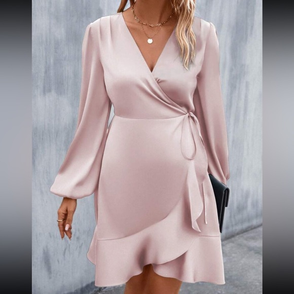 Dresses Luxe Knot Side Ruffle Trim Wrap Long Sleeve Dress Poshmark